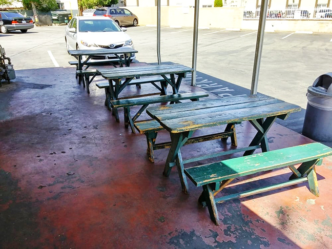 Weathered picnic tables that have hosted countless burrito unwrappings. Not fancy, just functional&mdash;exactly as they should be.
