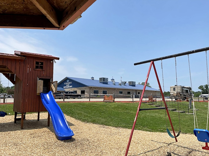 Even the playground outside seems to say, "Let the kids work up an appetite&mdash;you're going to need all the help you can get."