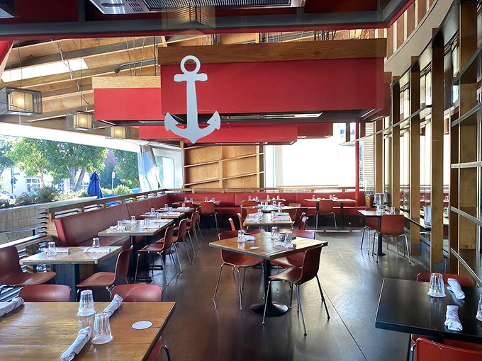 The anchor on the wall isn't subtle, but neither is the flavor of fresh seafood. This dining area manages to be both nautical and contemporary.
