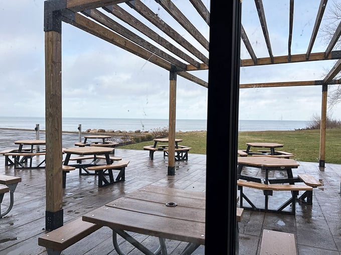 Rain-slicked picnic tables with a view of Lake Erie itself&mdash;because sometimes the best seasoning is the scenery. Worth braving any weather.
