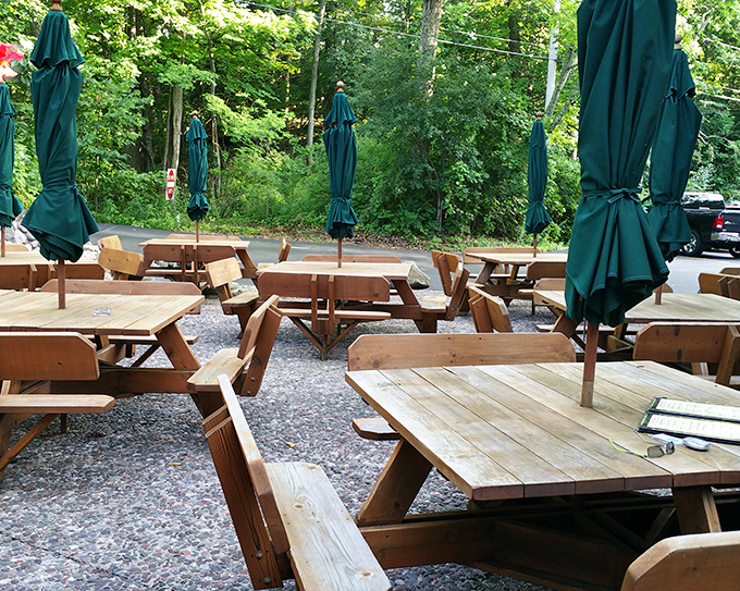 Summer dining al fresco under forest canopy&mdash;where picnic tables and umbrellas create Wisconsin's answer to Tuscan outdoor dining.