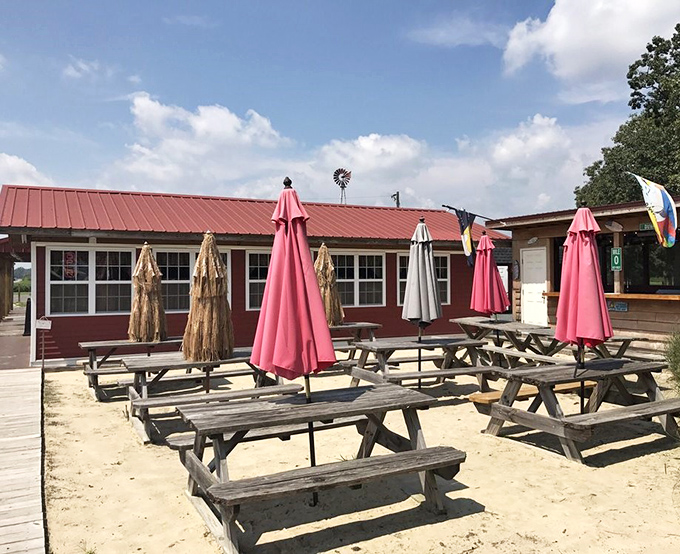 Outdoor picnic tables with cheerful umbrellas offer a perfect summer spot to tackle a rack of ribs while soaking up some Delaware sunshine.