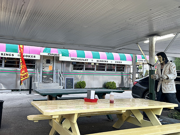 Outdoor seating under the awning where you can enjoy your meal while contemplating life's simple pleasures and second helpings.