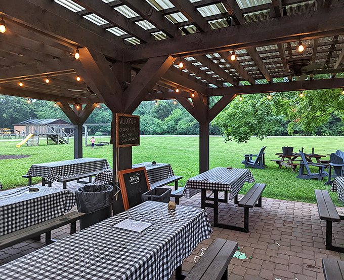 Outdoor seating under a rustic pergola offers a recess from reality &ndash; checkered tablecloths and green space create the perfect setting for summer dining.