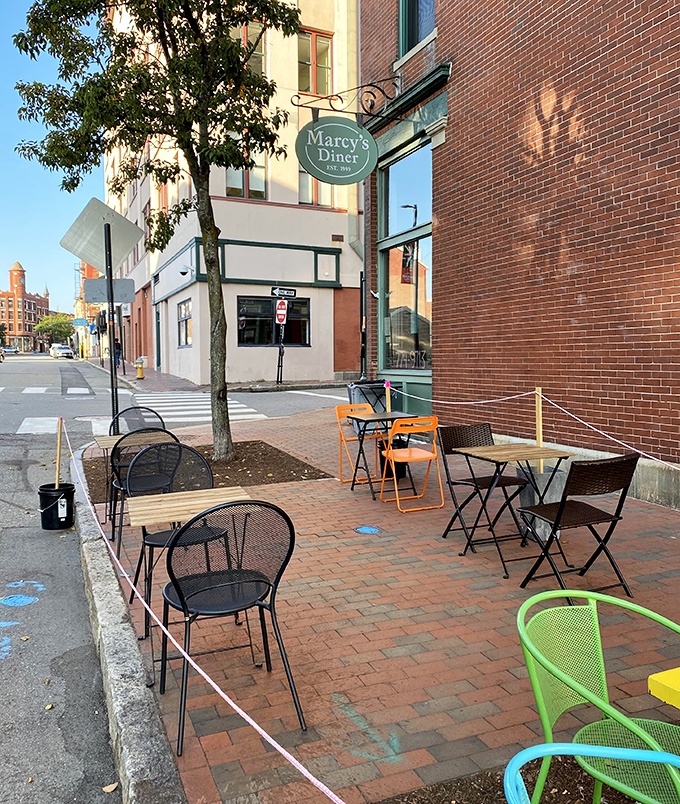 Sidewalk seating for when Maine's weather cooperates. Because sometimes pancakes taste even better with a side of fresh air.