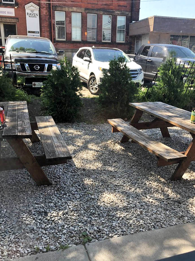 When weather permits, these rustic picnic tables become prime real estate for enjoying your barbecue bounty in the fresh air.