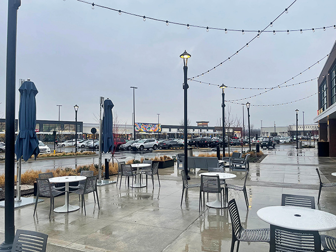 Even rainy days can't dampen the shopping spirit here. These outdoor seating areas await the return of sunshine and tired shoppers.