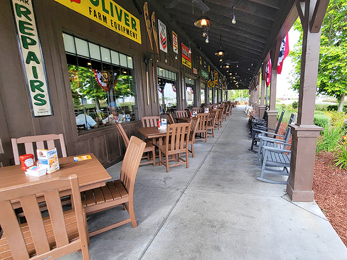 Cracker Barrel's porch: where shopping warriors rest their battle-weary feet, plotting their next move over sweet tea and checkers.