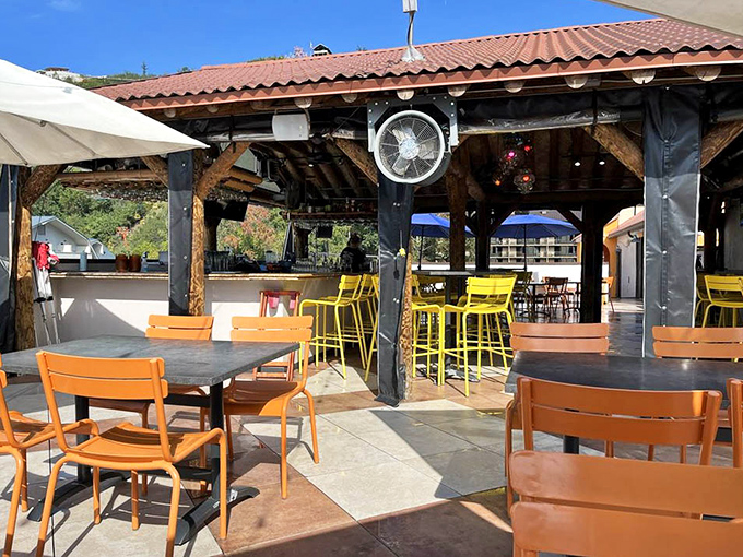 Outdoor seating that captures the essence of vacation&mdash;fresh air, mountain scenery, and the promise of Mexican food. What more could you want?