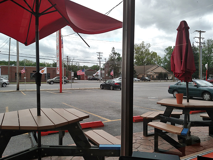 Outdoor seating for those who can't wait until they get home. The red umbrellas match the sugar-induced flush in your cheeks.