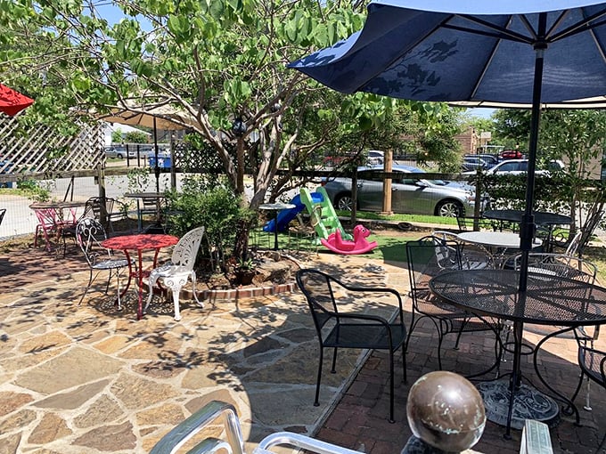 The patio &ndash; where dappled sunlight filters through trees and every table feels like the best one. Arkansas weather permitting, of course.
