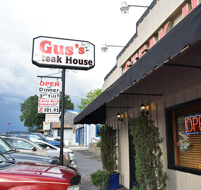 The exterior view reveals Gus's true superpower: looking completely ordinary while hiding extraordinary culinary experiences inside.