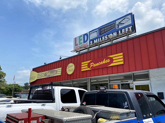 The exterior view shows a no-nonsense approach to breakfast. That "Pancakes" declaration isn't a suggestion&mdash;it's a command your stomach should obey.