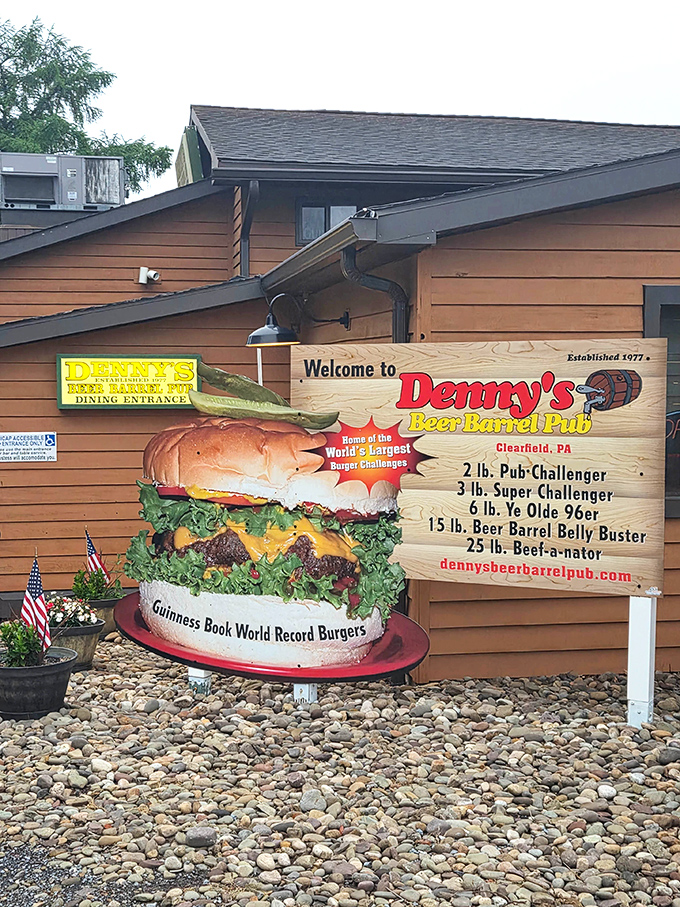This burger sculpture outside isn't art—it's a warning. What you're about to encounter inside isn't for the faint of heart or small of stomach.