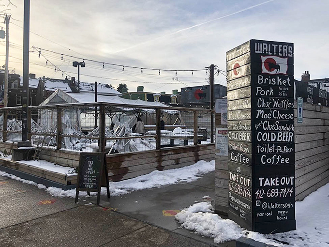 Even in winter, Walter's outdoor space stands ready &ndash; a testament to Pittsburghers' dedication to great barbecue regardless of weather conditions.