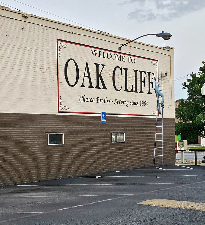 The "Welcome to Oak Cliff" mural reminds you this isn't just any steakhouse&mdash;it's a neighborhood institution since 1963.