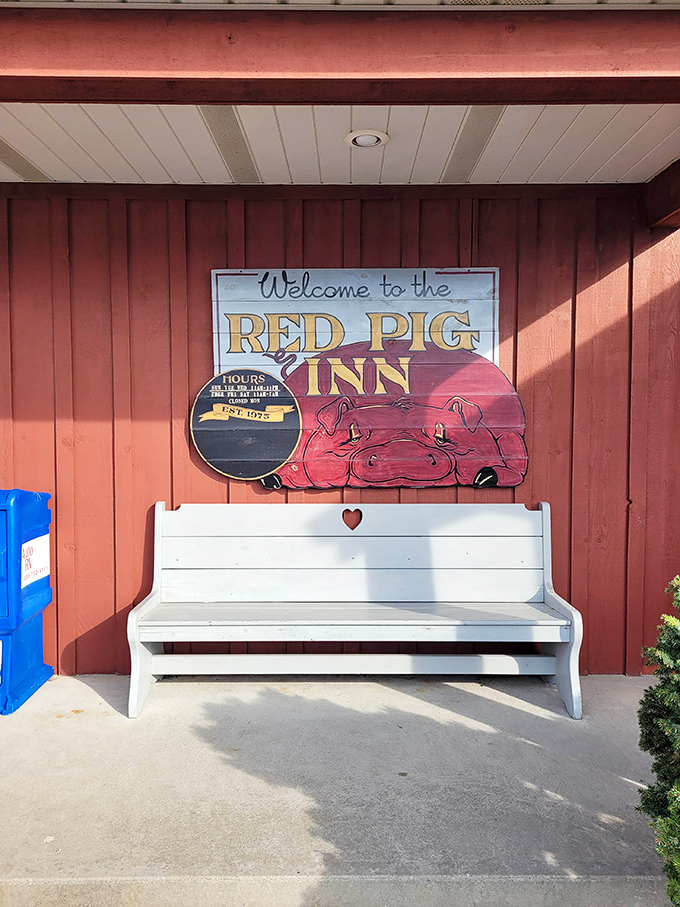 Welcome bench outside invites you to rest before entering, though waiting becomes torturous when you smell the smoke.