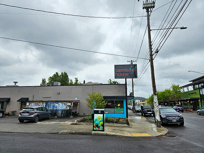 Even on Portland's famously gray days, the Bamboo House sign stands as a beacon of culinary hope on SE Hawthorne Boulevard.
