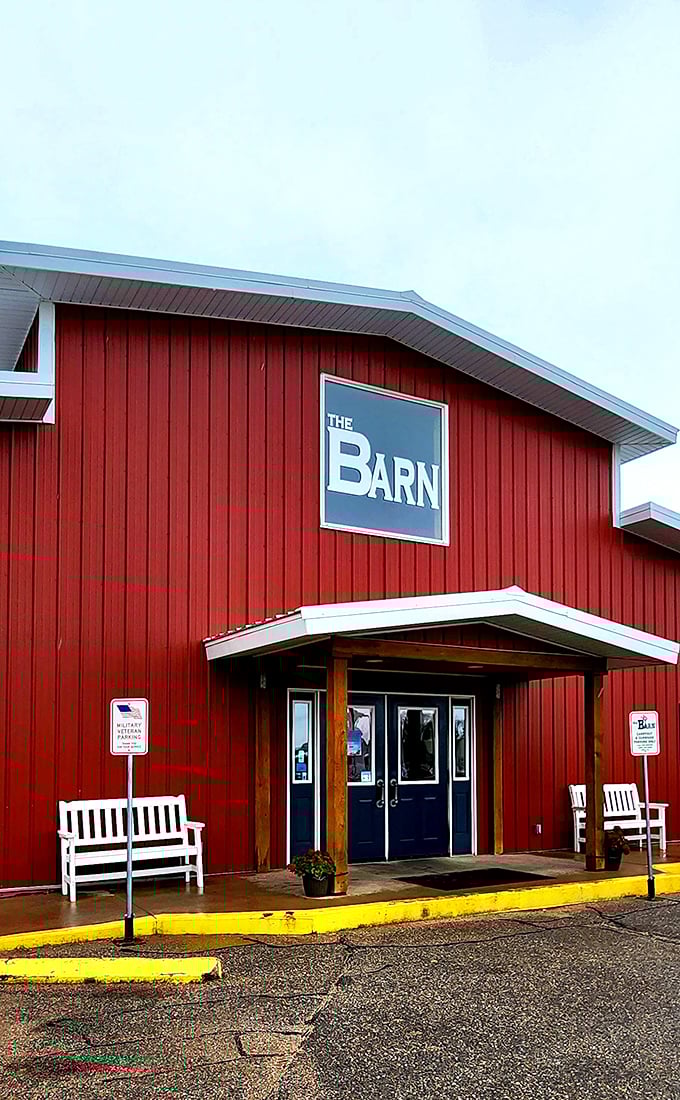 White benches outside invite you to sit a spell after your meal. You might need the recovery time after tackling those chicken strips.