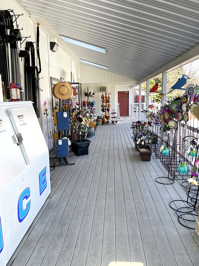The charming front porch doubles as a garden wonderland, offering colorful windchimes and decorations. A perfect spot to enjoy your freshly baked treasures before heading home.