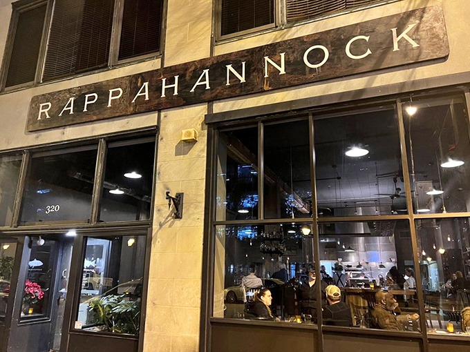 After dark, Rappahannock's exterior glows with invitation. The illuminated windows offer passersby a glimpse of the conviviality within.