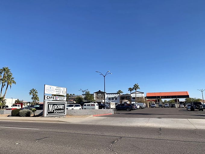 The desert landscape and palm trees frame this roadside view of Merchant Square, an oasis of vintage delights in Chandler's retail landscape.