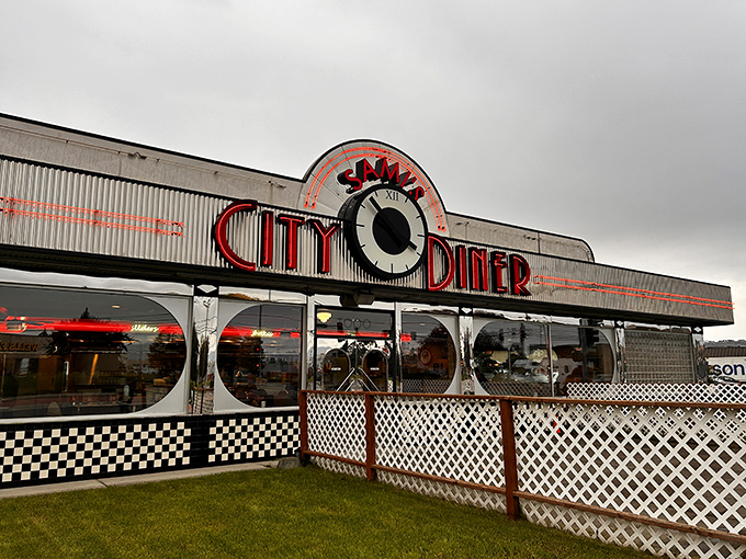 Even under Alaska's moody skies, City Diner's neon sign glows like a beacon, promising shelter from the elements and salvation from hunger.