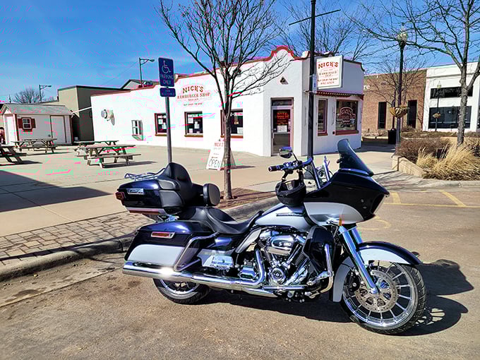 Even motorcycles make pilgrimages to Nick's. This Harley knows what many road-trippers have discovered&mdash;some detours are absolutely necessary.