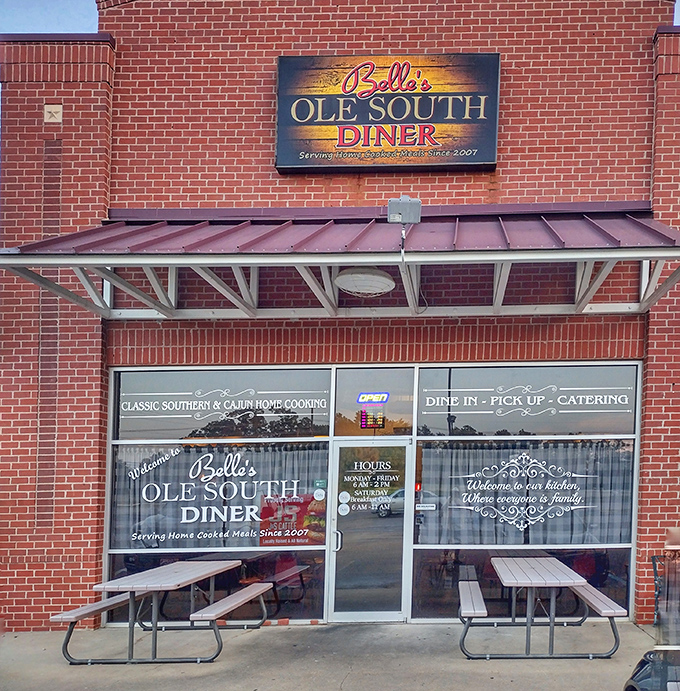 The brick exterior of Belle's Ole South Diner stands as a beacon of hope for hungry travelers and locals alike&mdash;Southern comfort awaits inside. 