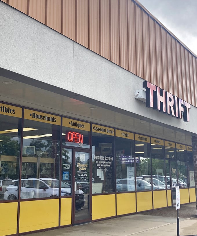 The exterior might be humble, but that yellow trim and bold signage promise a wonderland of secondhand delights inside.