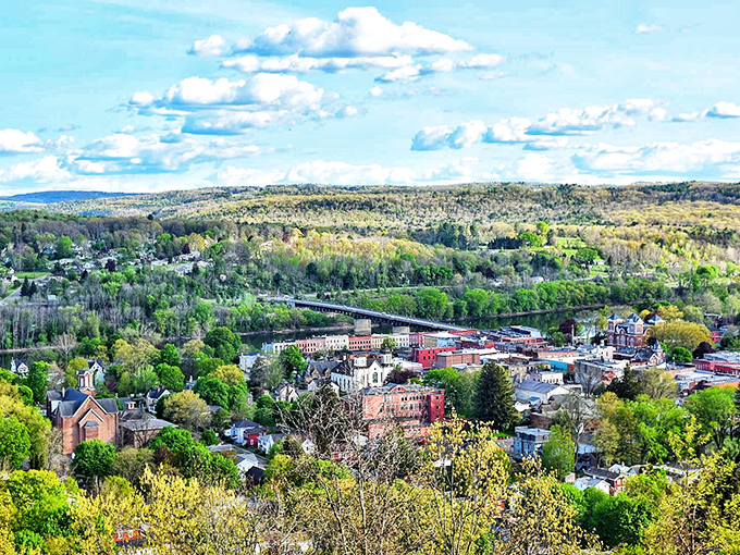 Owego unfolds from above like a miniature model of small-town perfection, where the river curves and history nestles among the trees.