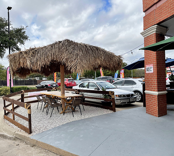 The palm-thatched patio oasis in the parking lot is like finding a beach vacation waiting between errands.