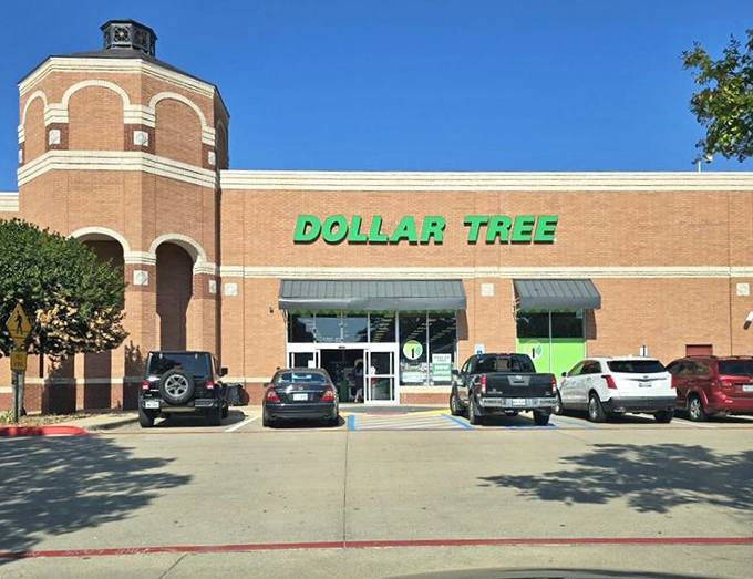 Even the parking lot says "Texas-sized value inside." The brick tower adds architectural interest to a place already interesting for its prices.