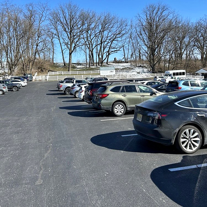 Even the parking lot offers a stark contrast&mdash;modern vehicles waiting patiently while their owners step back in time just yards away.
