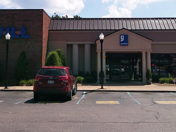 The exterior view: unassuming retail architecture housing extraordinary possibilities. This parking spot could be the starting point of your next great find.