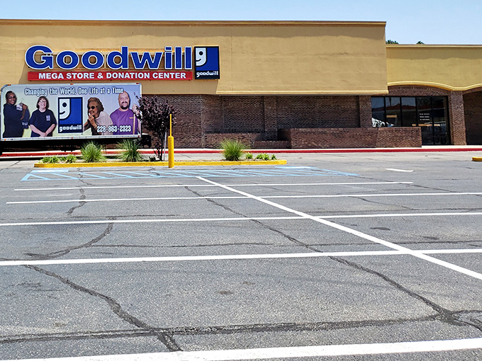 The unassuming exterior that houses a world of wonders. Like a treasure chest disguised as a strip mall tenant, this Goodwill mega store promises adventures inside.