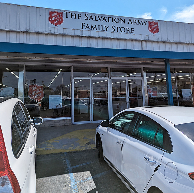 Parking lot perspective &ndash; your car waits patiently while you're inside, blissfully unaware of how much trunk space you'll need for your discoveries.