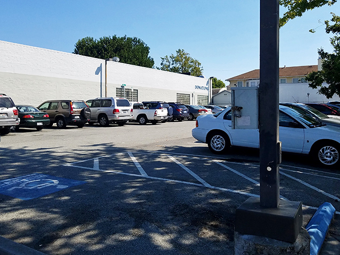 The parking lot – first stop on your thrifting adventure. Like finding a seat at the hottest restaurant in town, scoring a spot feels like winning.