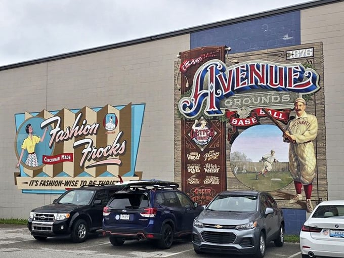 Outside murals celebrate Cincinnati's heritage with vintage-style advertisements for Fashion Frocks and Avenues baseball grounds.