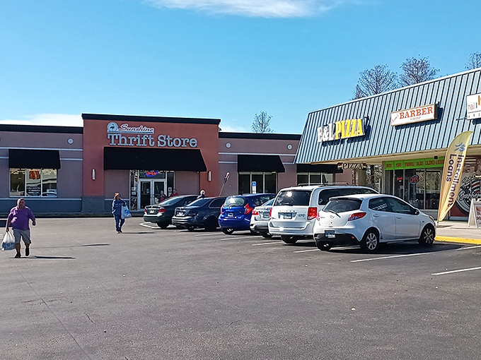 Even the parking lot tells a story&mdash;Sunshine Thrift nestled in a strip mall, neighbors with a pizza joint, because treasure hunting works up an appetite!