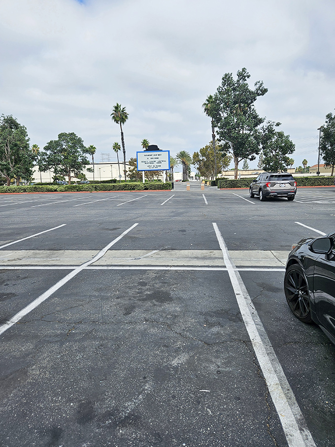 The calm before the shopping storm. This parking lot transforms from empty asphalt to bustling marketplace as vendors and bargain hunters arrive.
