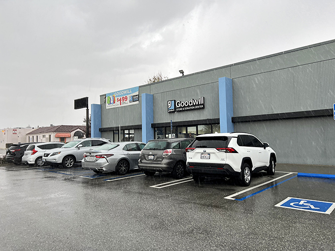 Even on rainy days, the parking lot fills with hopeful hunters. Thrifting is an all-weather sport in Southern California.