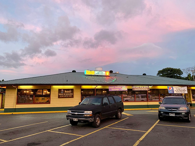 Even the Big Island sky puts on a special show at sunset for Ken's. Pink clouds celebrate what might be Hawaii's most beloved diner.