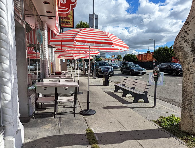Even the outdoor seating captures the essence of mid-century charm &ndash; those striped umbrellas providing shade for conversations and people-watching on Santa Monica Boulevard.