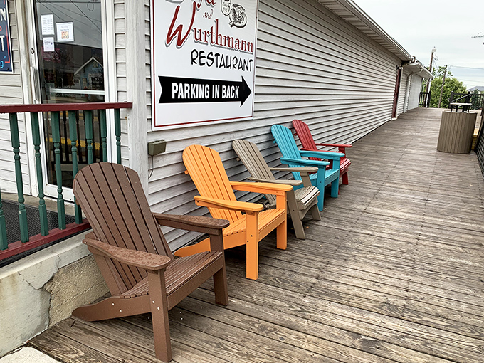 Colorful Adirondack chairs offer a place to contemplate life's big questions&mdash;like whether to order coconut cream or butterscotch pie.