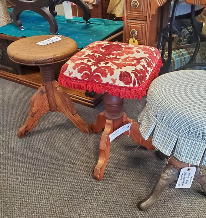 Piano stools with character and history, waiting for their next musical companion. That red velvet cushion has supported everything from "Chopsticks" to Chopin.