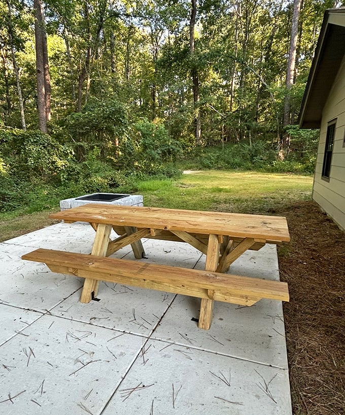 A sturdy picnic table awaits your outdoor feast, surrounded by Mississippi's natural dining room.