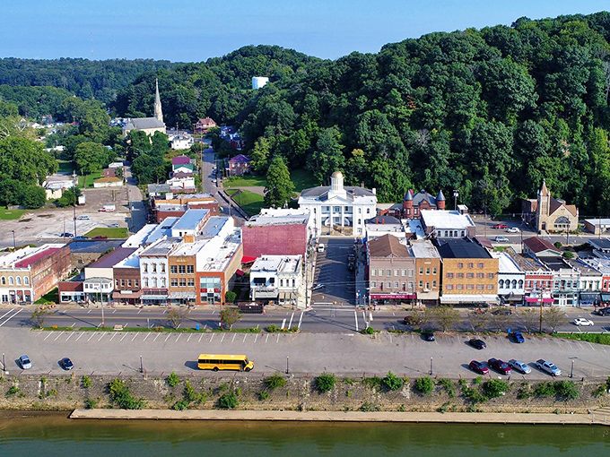 From above, Pomeroy reveals its unique "skinny city" layout. One street hugging the river, with hills rising dramatically behind&mdash;a town literally shaped by geography.
