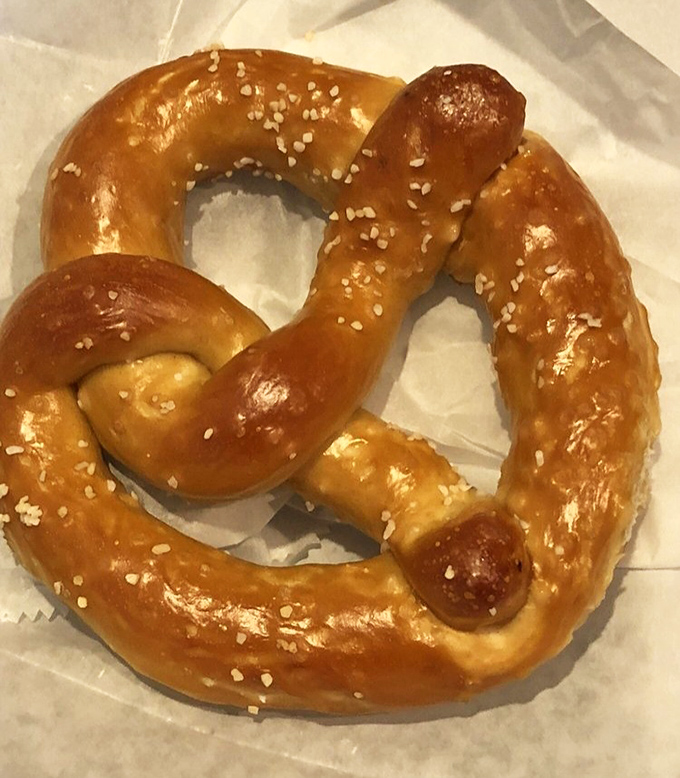 Soft pretzel perfection with salt that catches the light like tiny diamonds – the ideal savory counterpoint to all that sweetness.