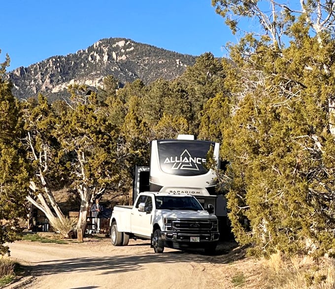 RV camping with a backdrop worthy of a national park. Cave Lake proving that Nevada's natural splendor extends far beyond the Strip.